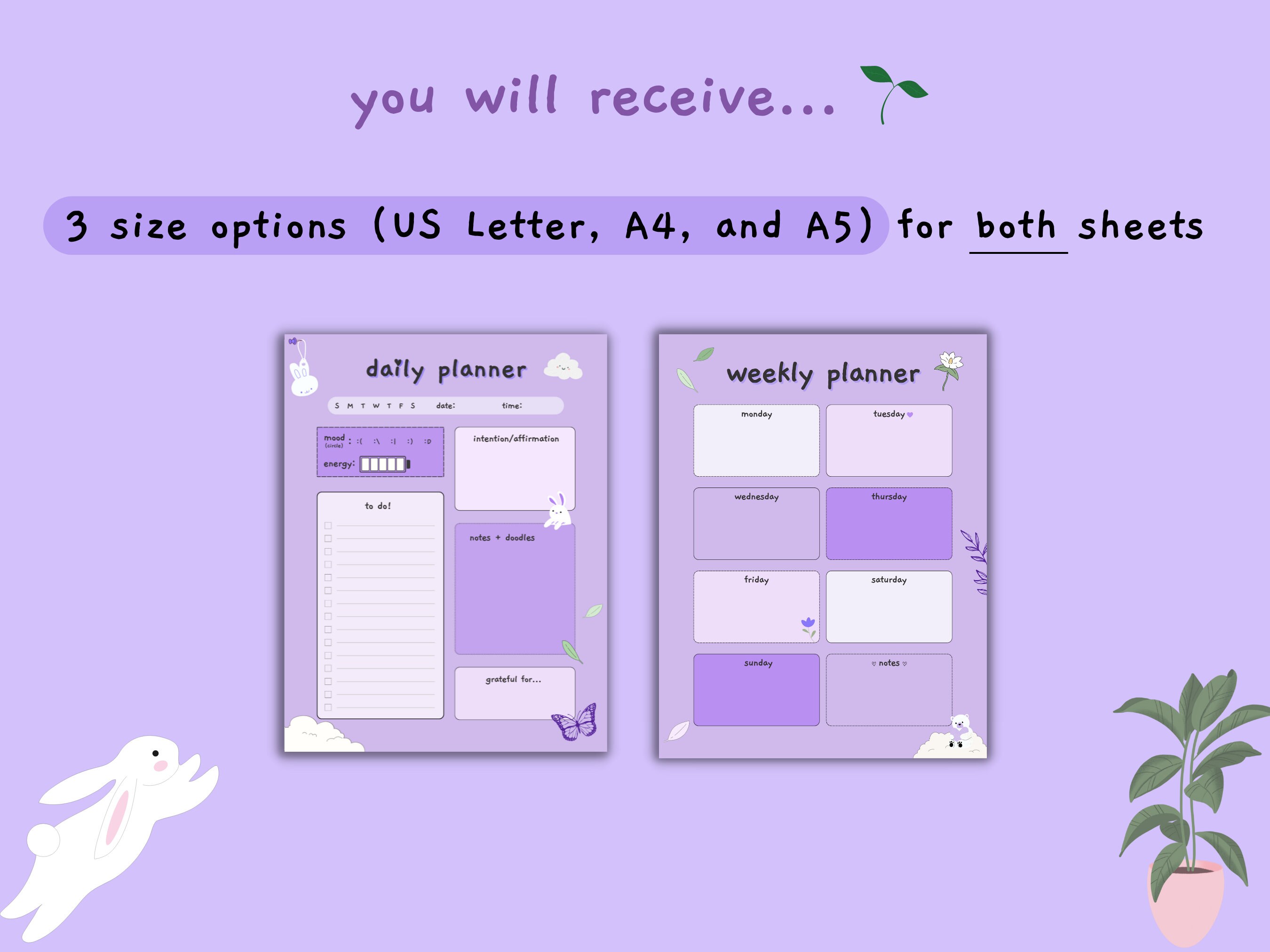 Cute Purple Digital Planner, Printable Daily and Weekly Planner, Purple ...