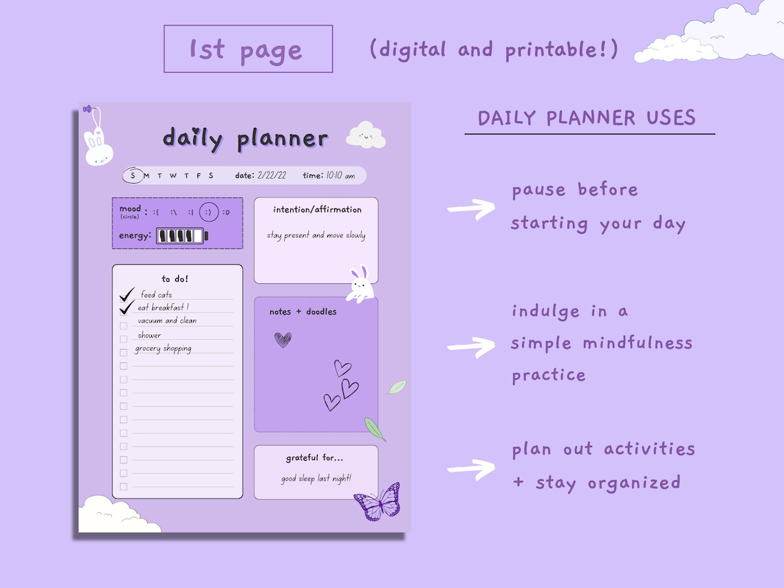 Cute Purple Digital Planner, Printable Daily and Weekly Planner, Purple ...