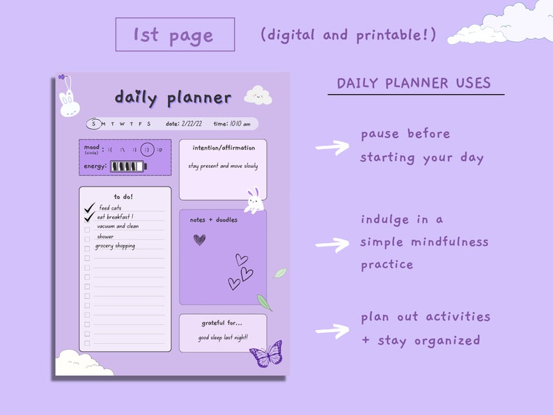 Cute Purple Digital Planner, Printable Daily and Weekly Planner, Purple ...
