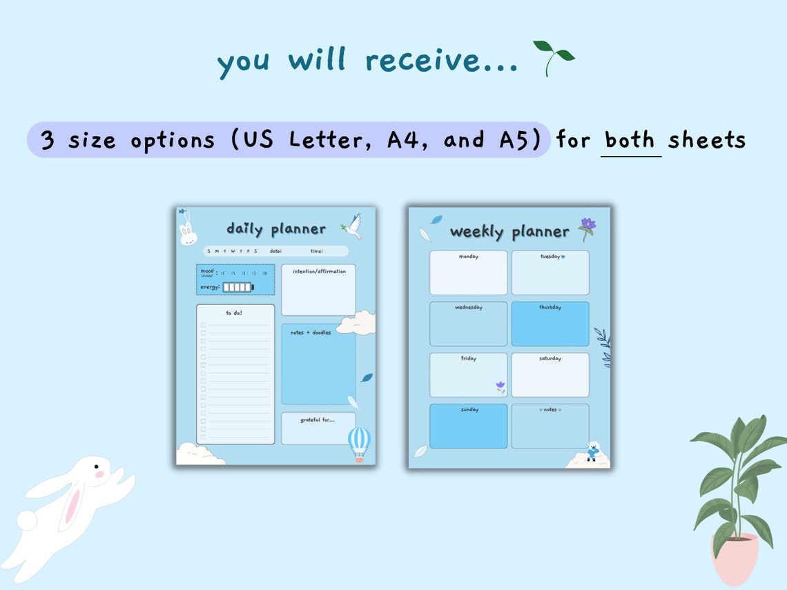 Cute Blue Digital Planner Sheets, Kawaii Blue Daily Planner, Cute ...