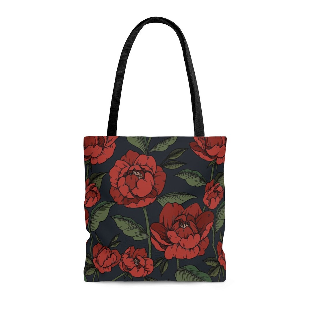 Red Peonies Blue Floral Tote Bag, Womens Purse, Botanical Style ...