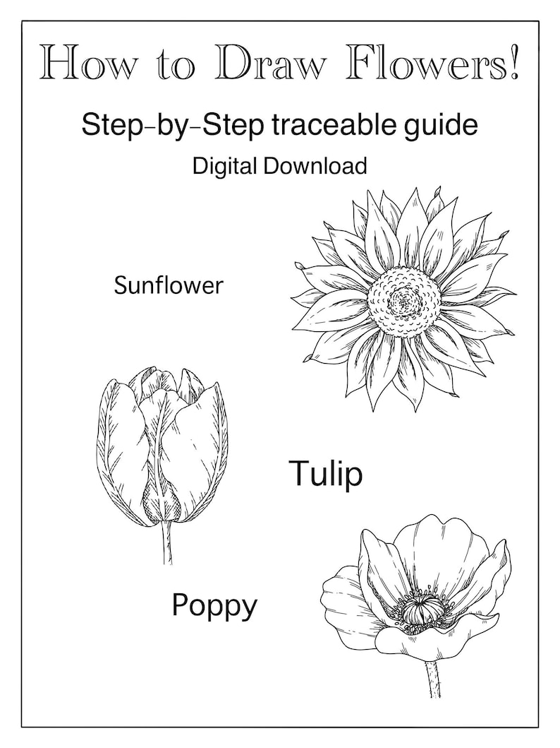 How to Draw Flowers, PRINTABLE DIGITAL DOWNLOAD, Traceable, Sunflower ...