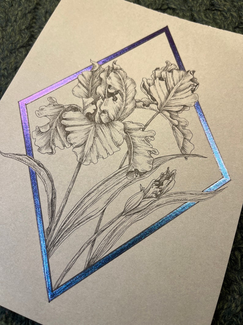 Original Iris Ink Drawing With Metallic Watercolor Accents, Geometric ...