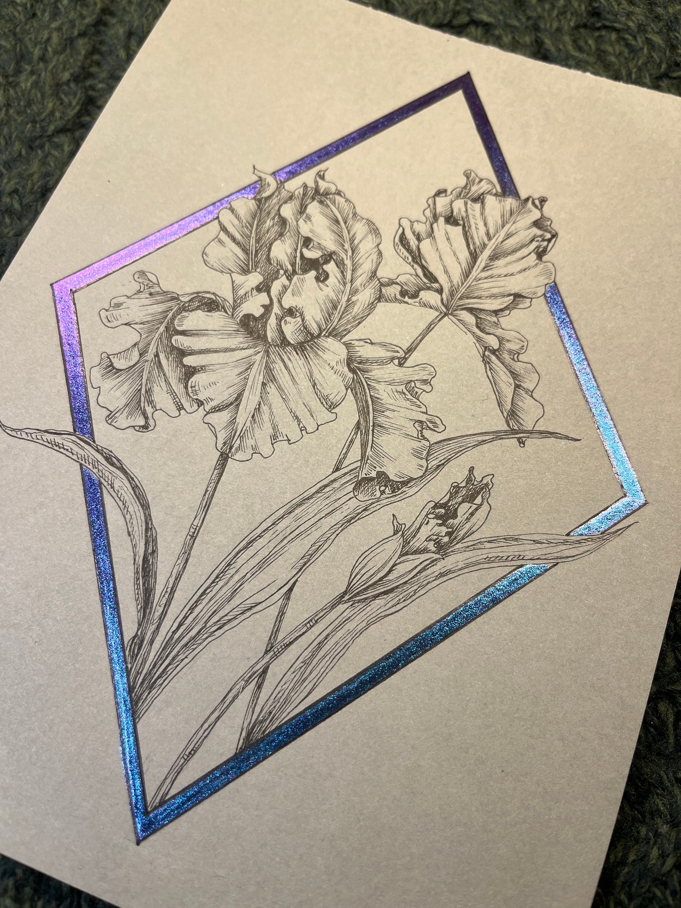 Original Iris Ink Drawing With Metallic Watercolor Accents, Geometric ...