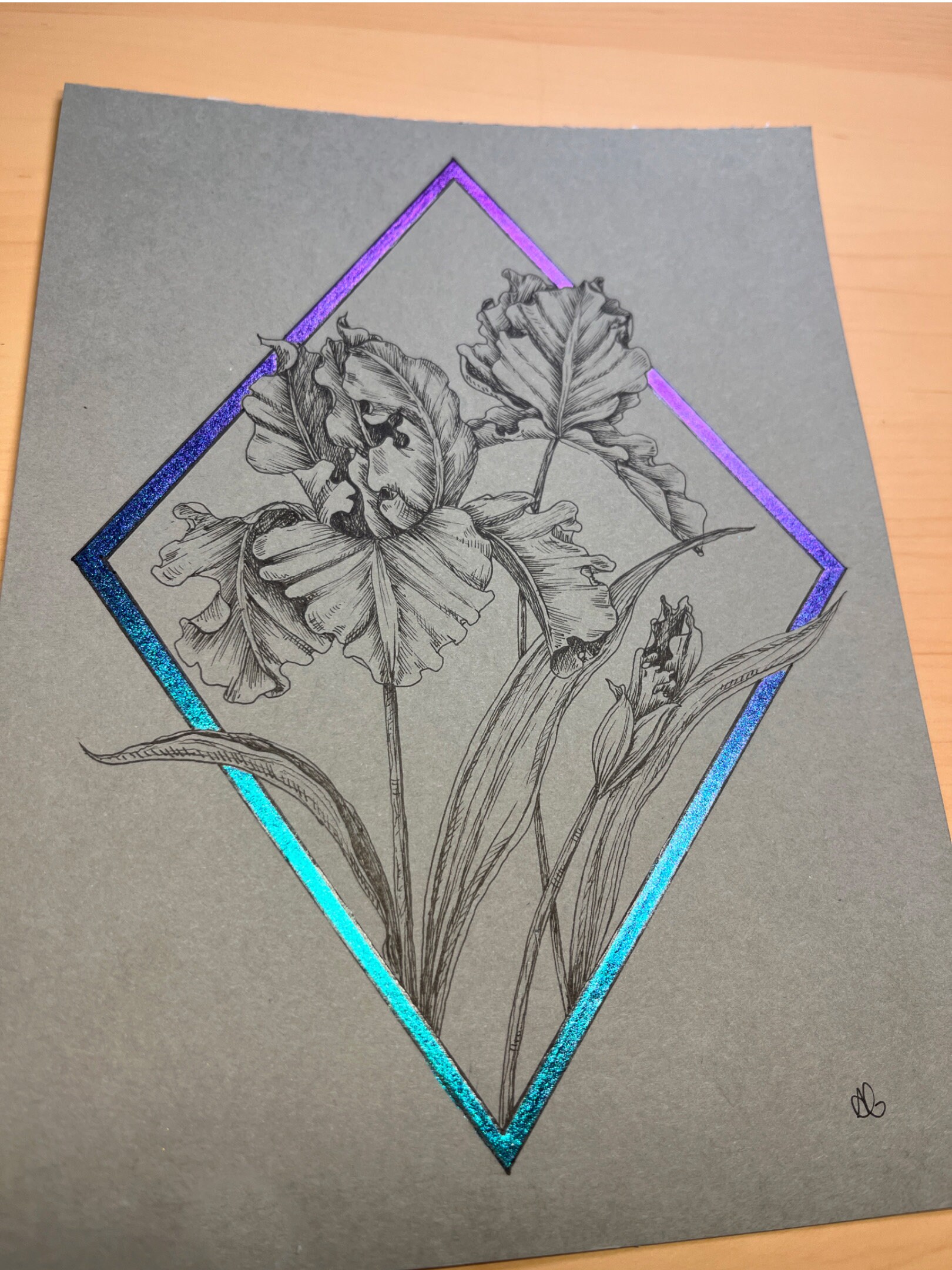 Original Iris Ink Drawing With Metallic Watercolor Accents, Geometric ...