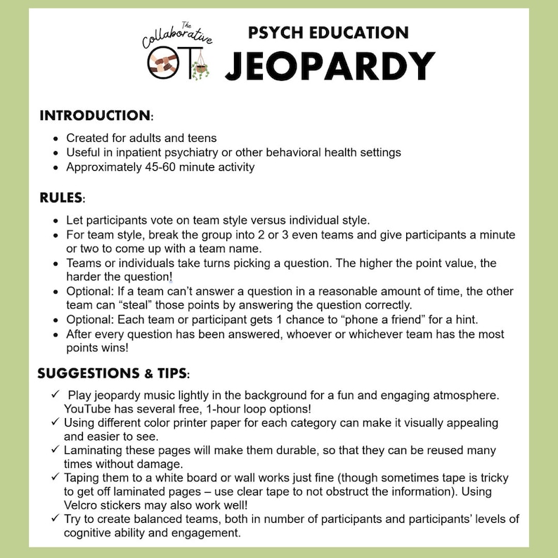 Psych Education Jeopardy - Adults and Teens - Coping Skills, Medication ...