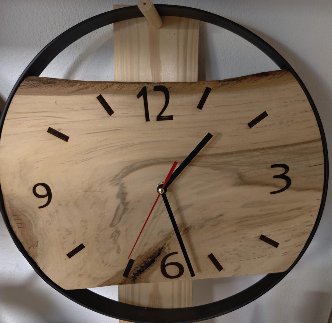 Modern Clock Wooden Clock in Real Wood With Iron Ring, Metal Ring. Wall ...