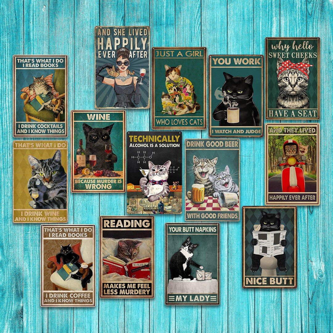 Retro Art Wall Hanging Metal Tin Signs Cat Style Wall Decoration ...