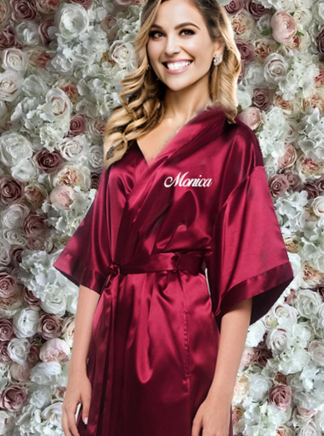 Black Personalized Satin Embroidered Bath Robe Short Length Custom ...