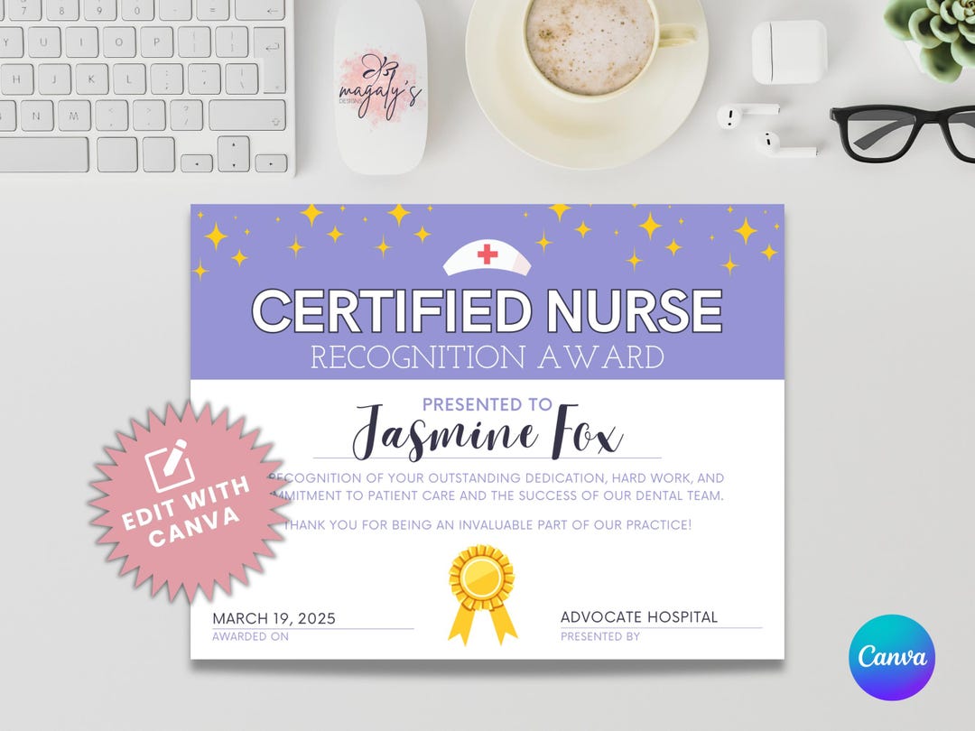 Certified Nurses Award Template | Editable Canva Certificate | National ...