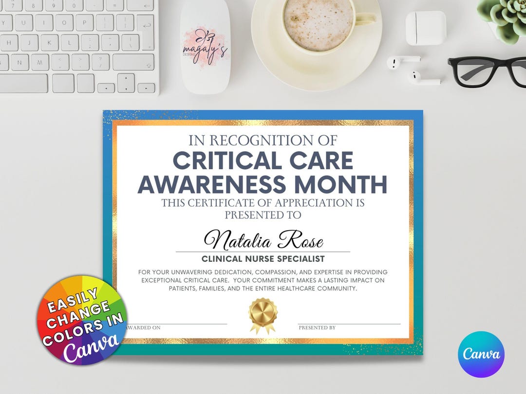 Critical Care Awareness Month Certificate Template | Editable Canva ...