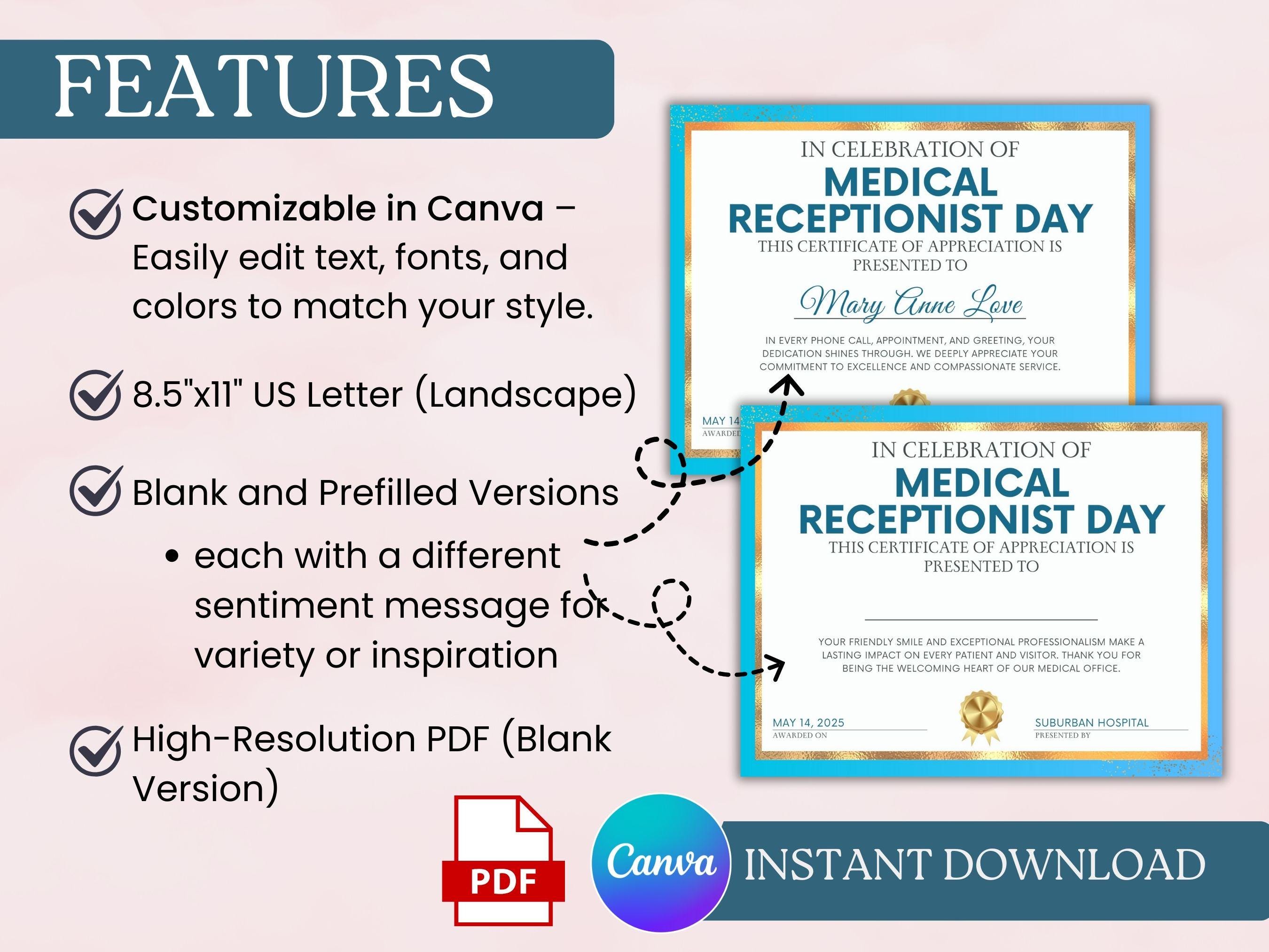 Editable Medical Office Receptionist Award | Healthcare Admin ...