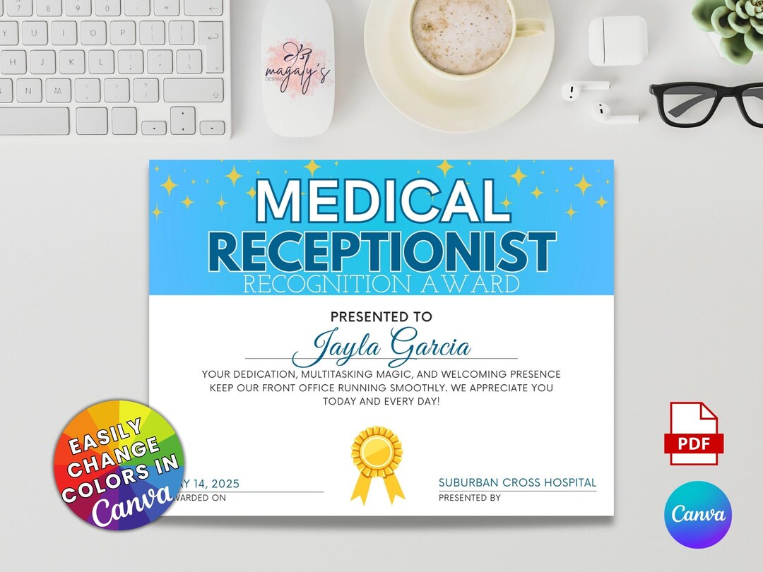 Medical Receptionist Award Certificate Template | Editable Canva Design ...