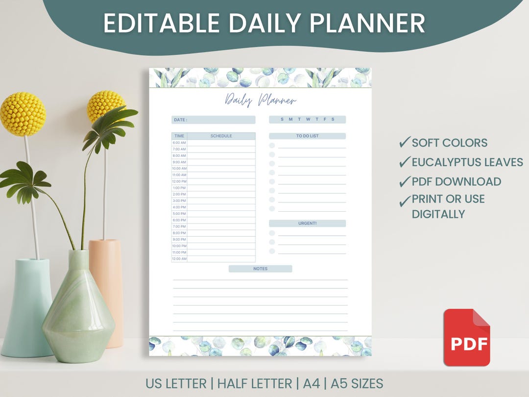 Digital Daily Planner Printable With Eucalyptus Design – To-do List ...
