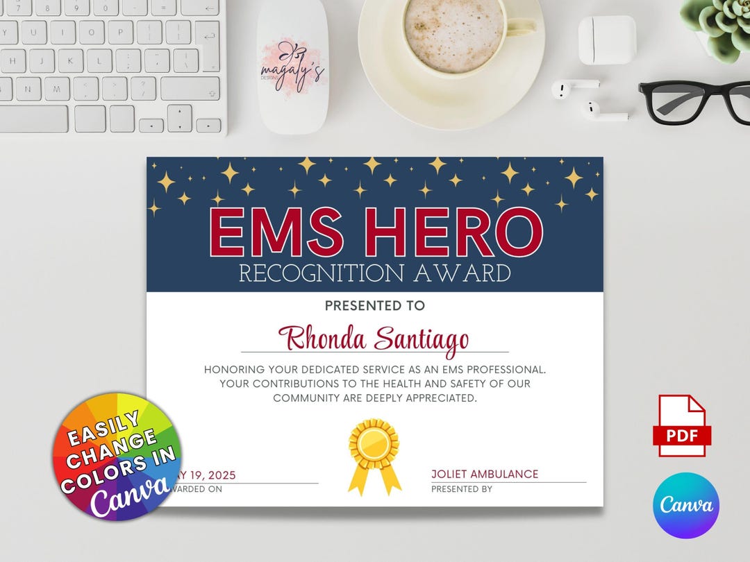 EMS Recognition Certificate Template | EMT Paramedic Appreciation Award ...