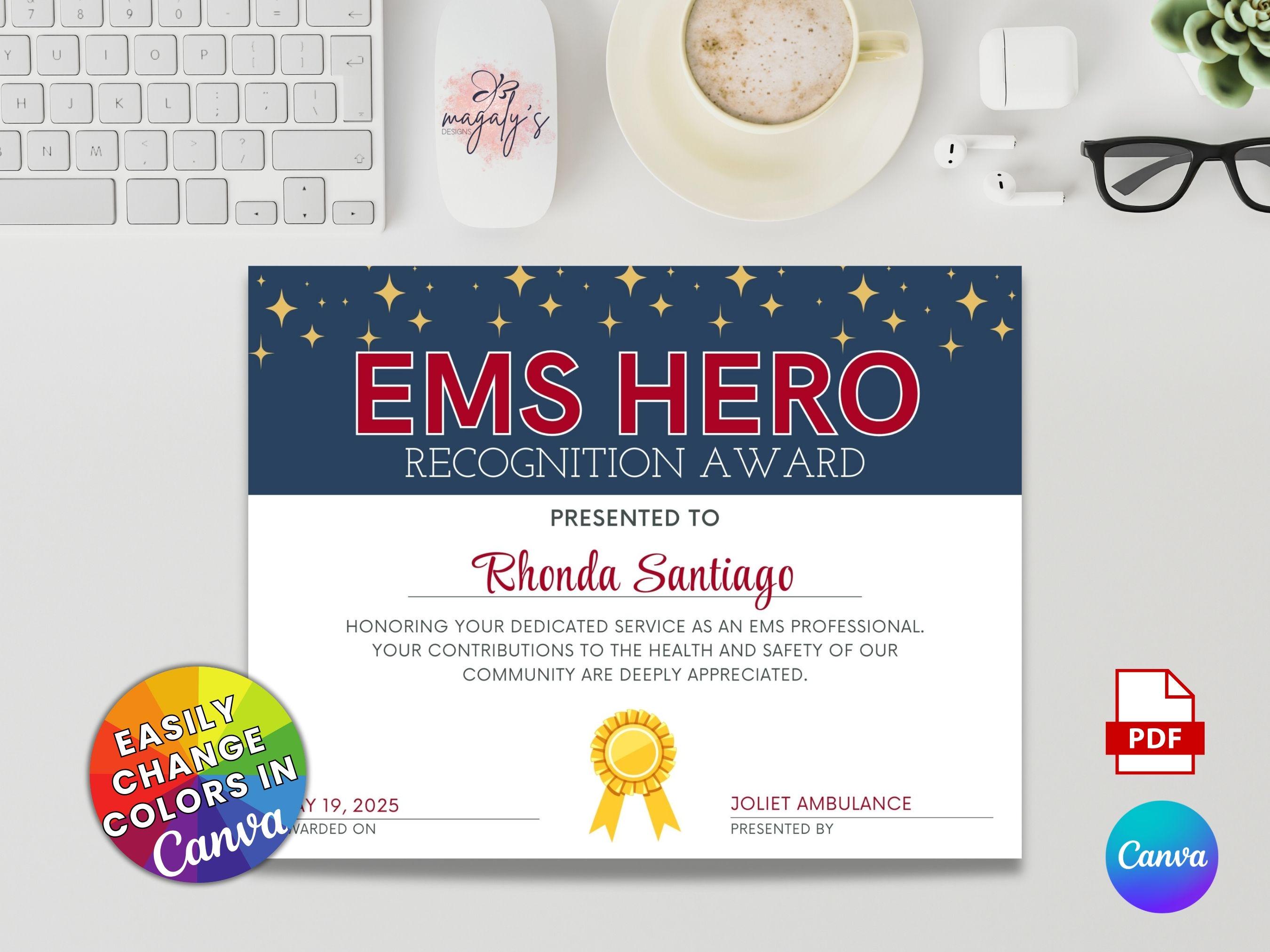EMS Recognition Certificate Template | EMT Paramedic Appreciation Award ...