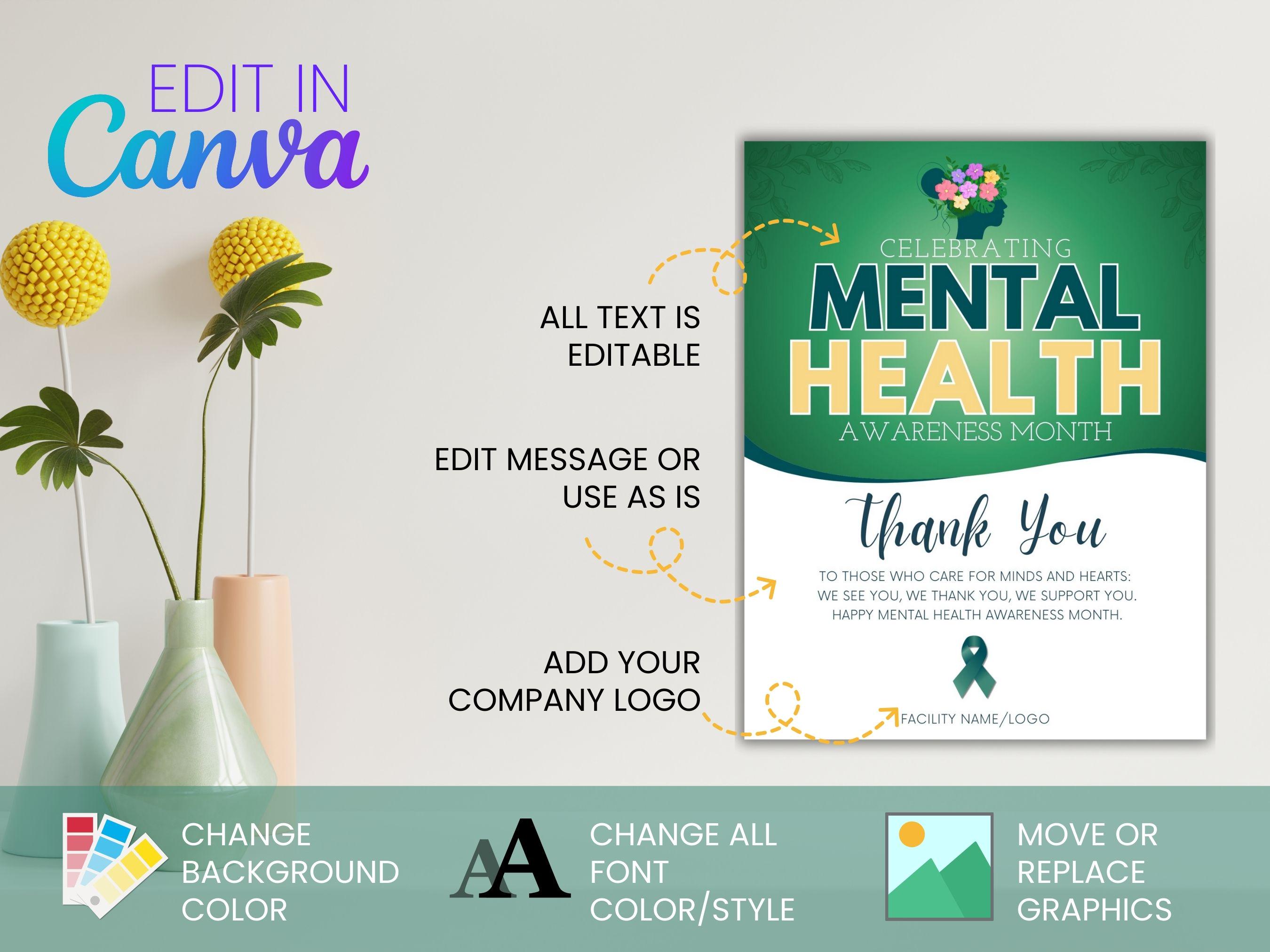 Mental Health Awareness Month Flyer Canva Template | Editable Thank You ...