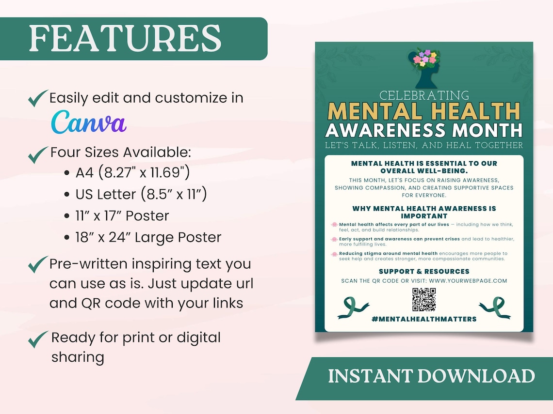 Mental Health Awareness Poster Canva Template | Editable Printable ...