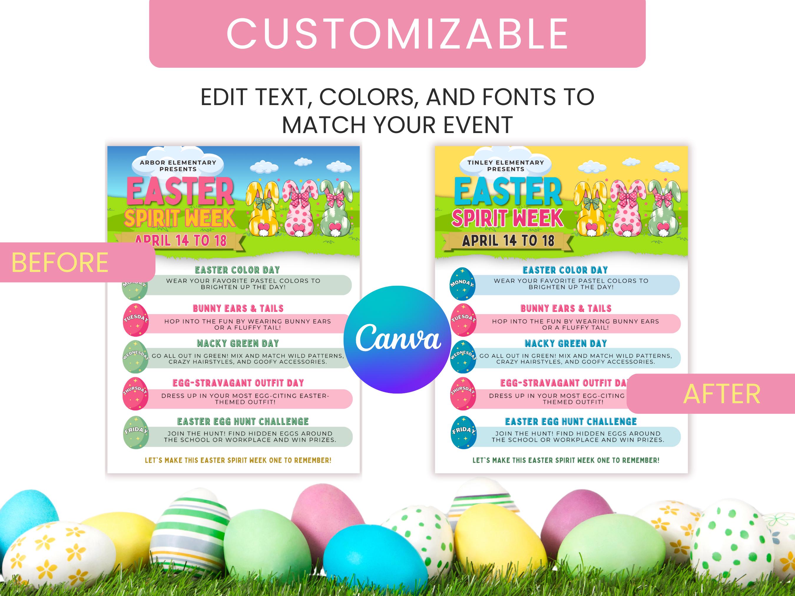 Editable Easter Spirit Week Flyer Template in Canva. Fun Daily Themes ...