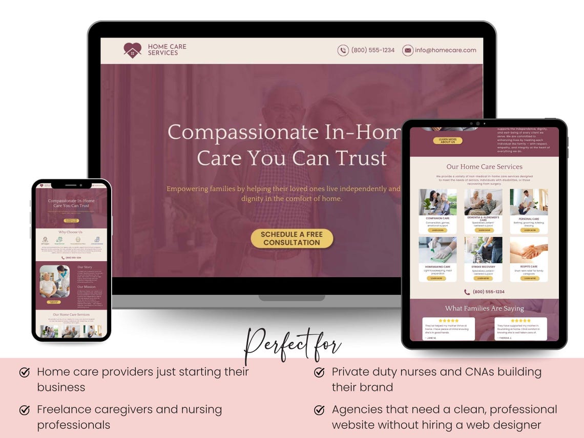 Home Care Website Template Canva | One Page Scrolling Website for ...