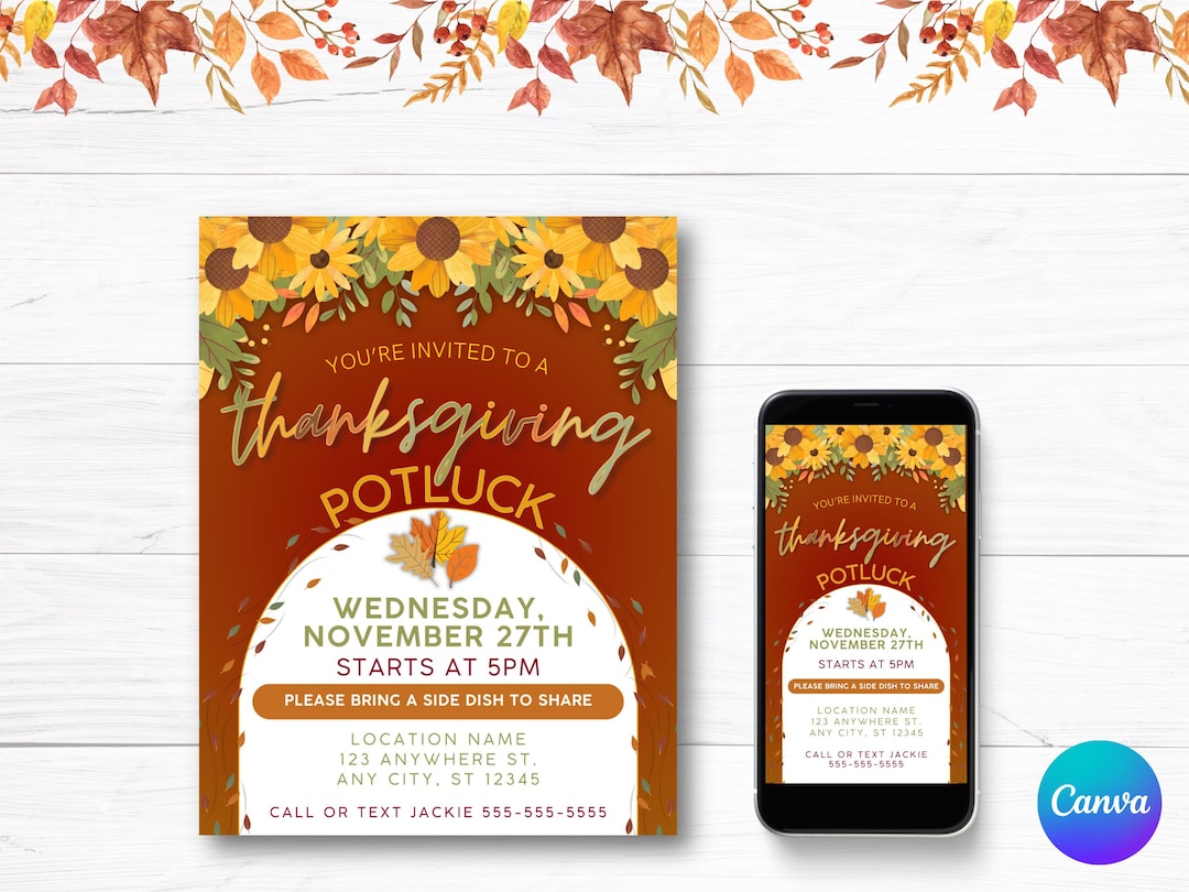 Thanksgiving Potluck Flyer Template – Editable Canva Invitation for ...