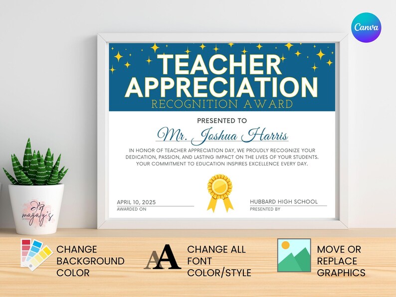 Teacher Award | Certificate of Recognition | Canva Template | Teacher ...