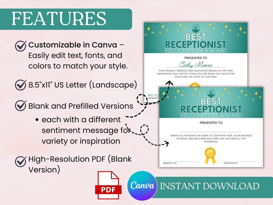 Receptionist Certificate of Appreciation – Editable Canva Template ...