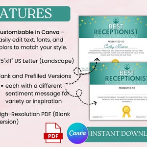 Receptionist Certificate of Appreciation – Editable Canva Template ...