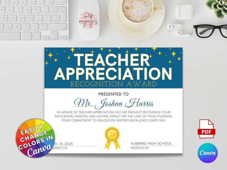 Teacher Award | Certificate of Recognition | Canva Template | Teacher ...