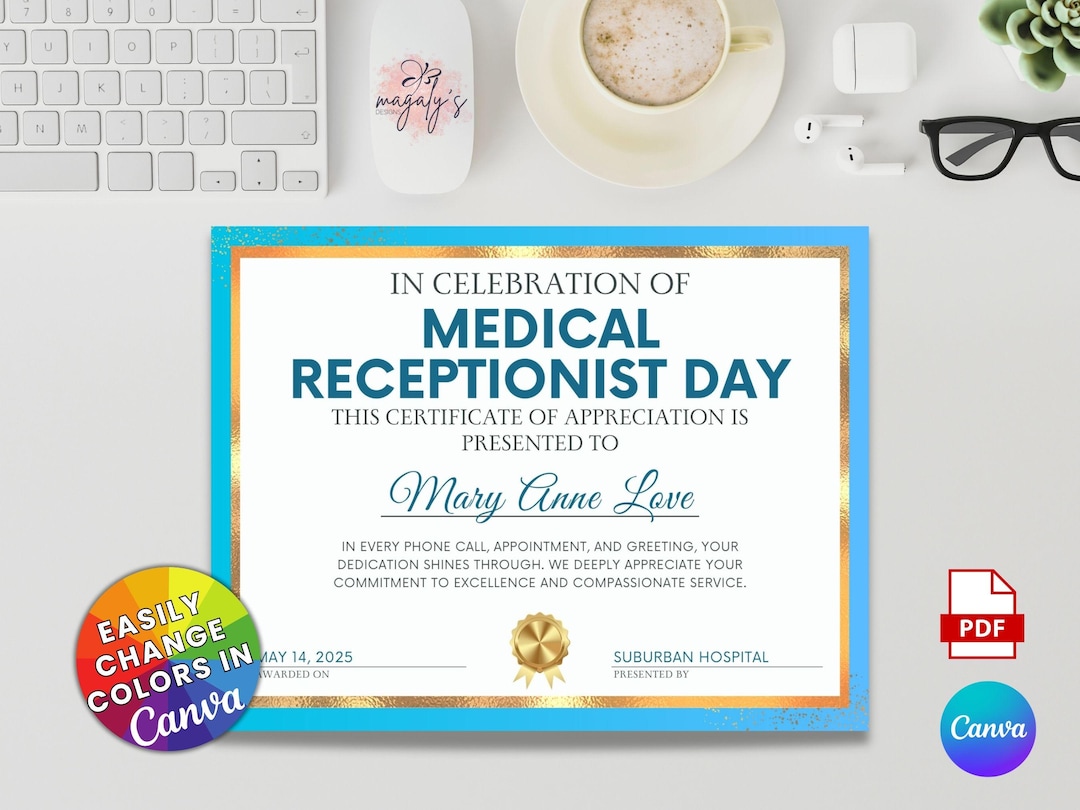 Editable Medical Office Receptionist Award | Healthcare Admin ...