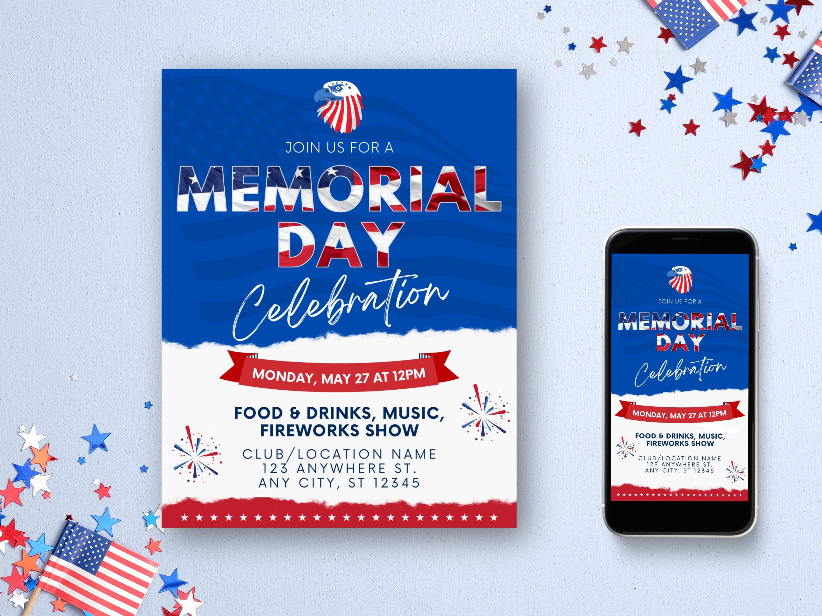 Memorial Day Flyer Template | Red, White, and Blue | Memorial Day Party ...
