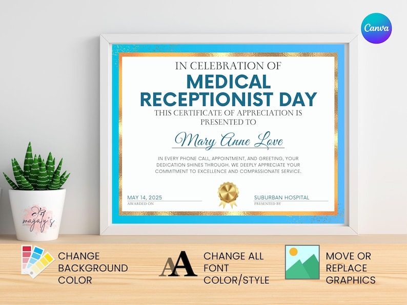 Editable Medical Office Receptionist Award | Healthcare Admin ...