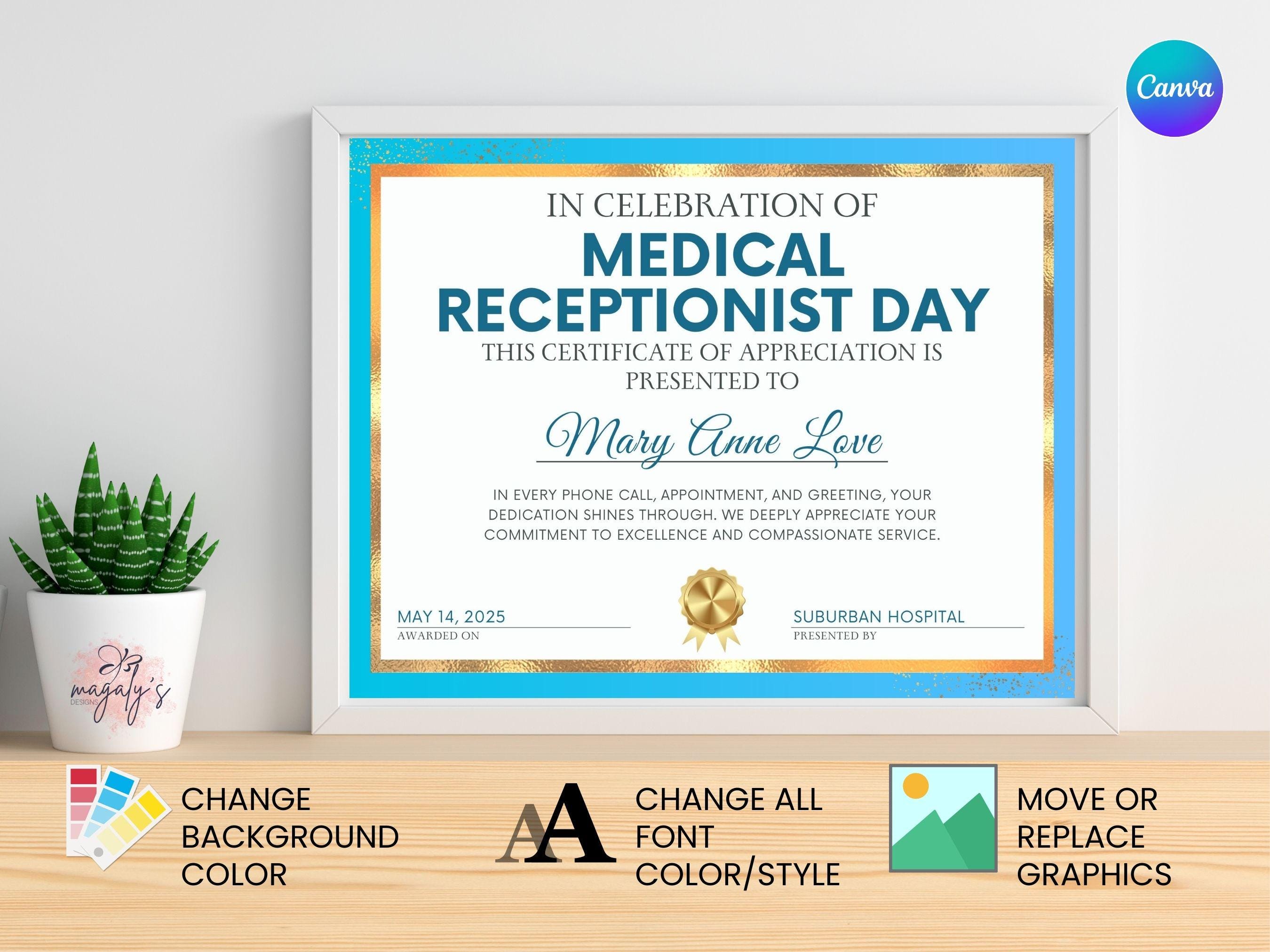 Editable Medical Office Receptionist Award | Healthcare Admin ...