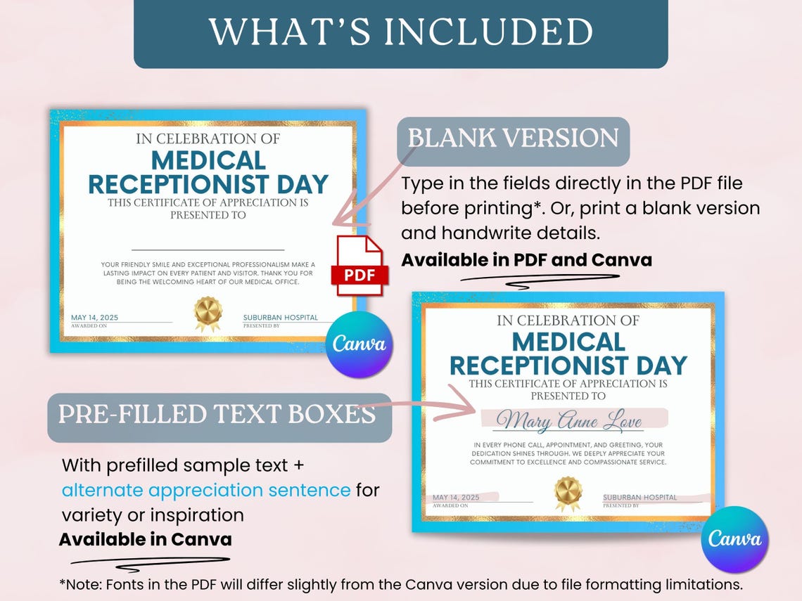 Editable Medical Office Receptionist Award | Healthcare Admin ...