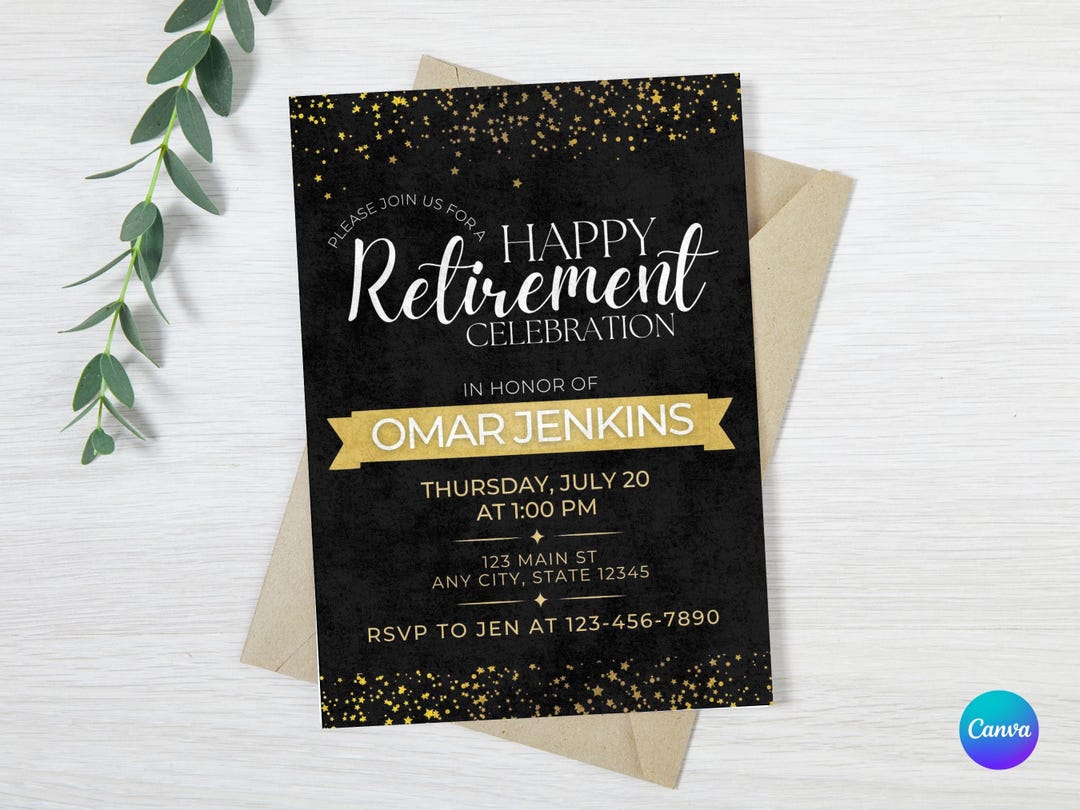 Retirement Party Invitation Template Black Gold | Editable Canva Invite ...