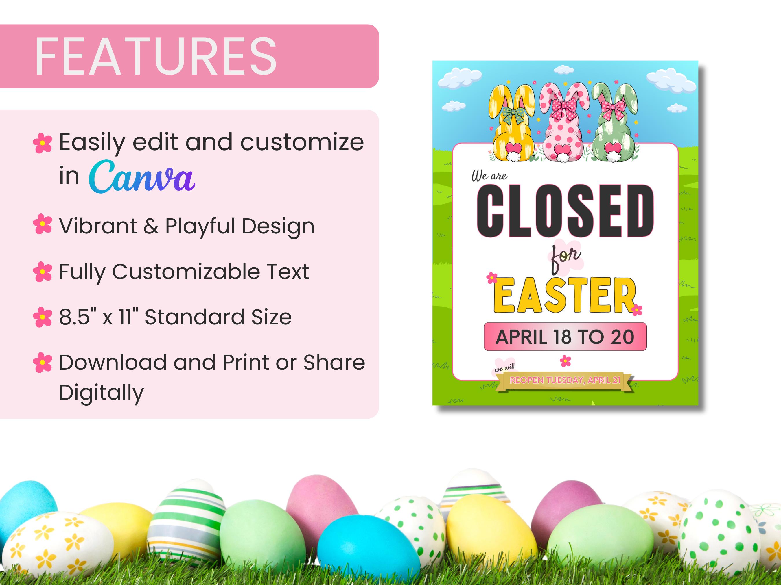Closed for Easter Sign Printable | Easter Holiday Business Hours Sign ...