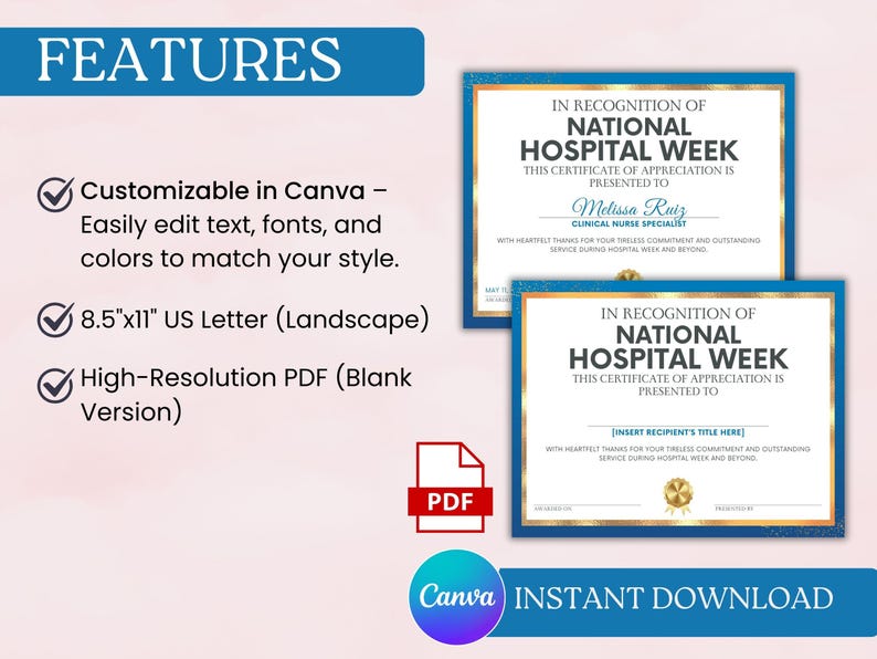Hospital Week Certificate of Recognition Template | Editable Canva ...