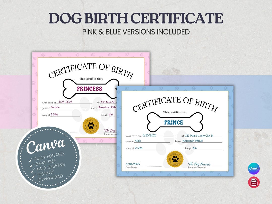 Printable Dog Birth Certificate Template – Pink and Blue Versions ...