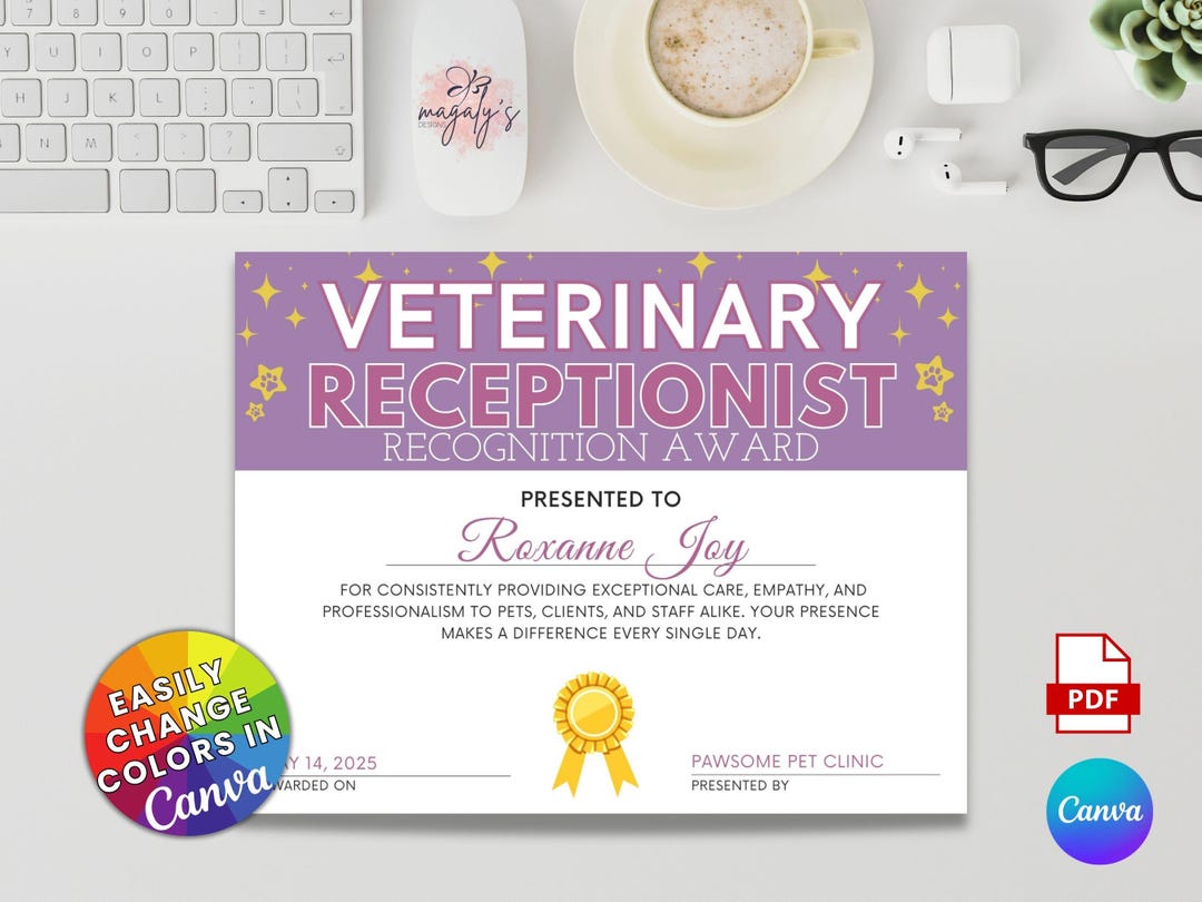 Vet Receptionist Appreciation Certificate | Editable Canva Template for ...