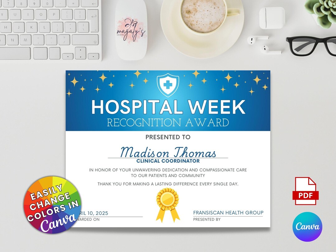 Buy Certificate of Recognition Hospital Week Template | Editable Canva ...