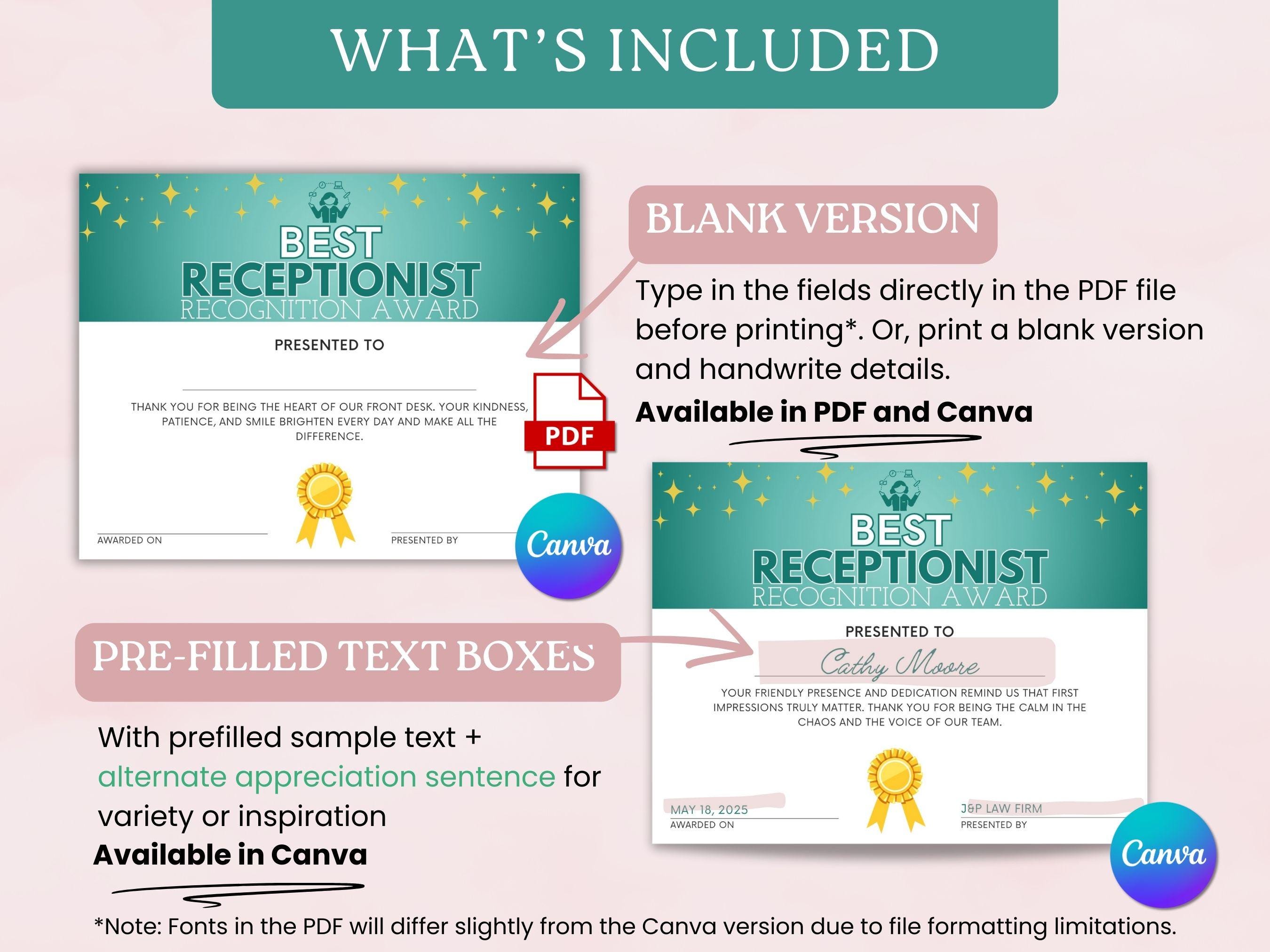 Receptionist Certificate of Appreciation – Editable Canva Template ...