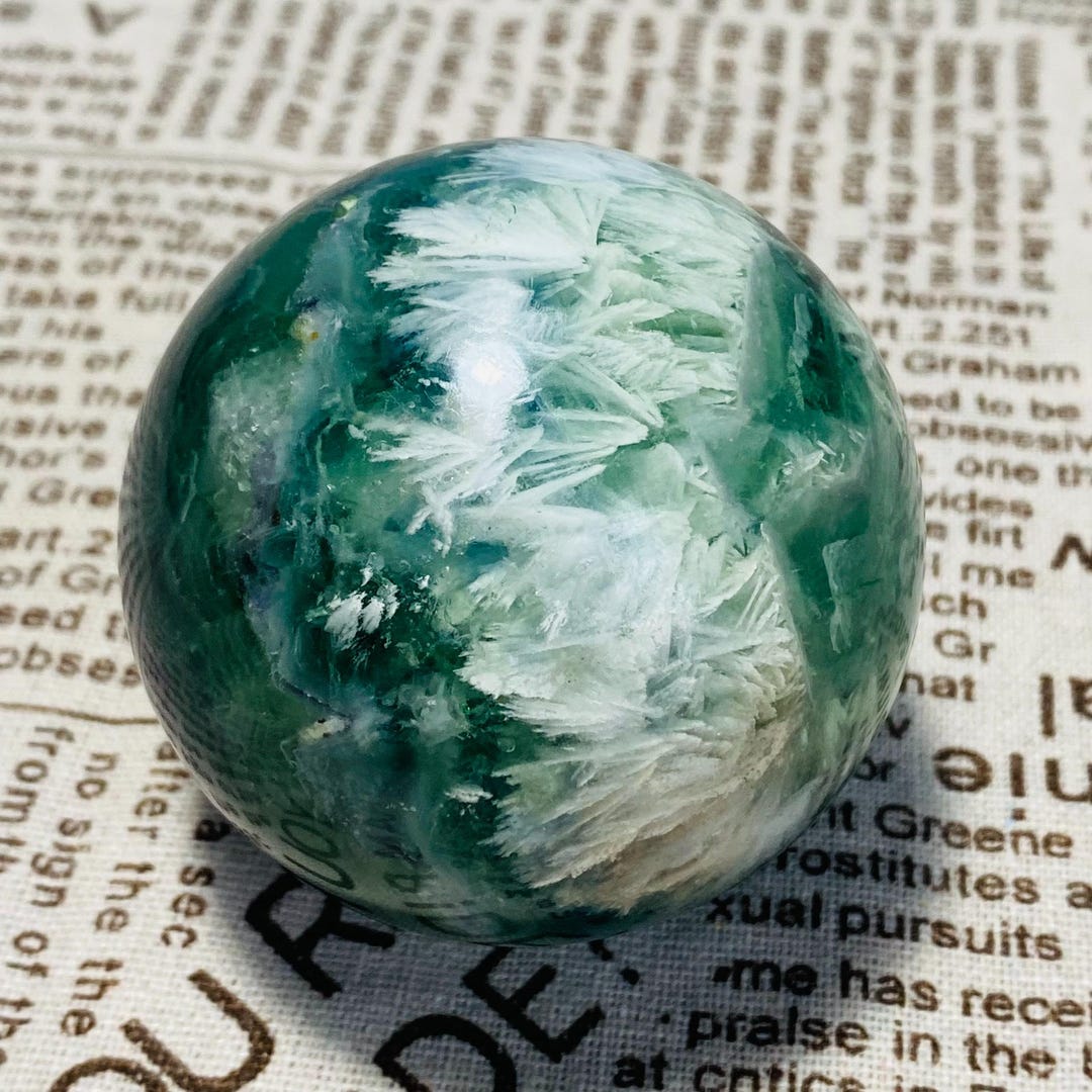 63.5mm Feather Snowflake Fluorite Sphere, Feather Green Fluorite ...