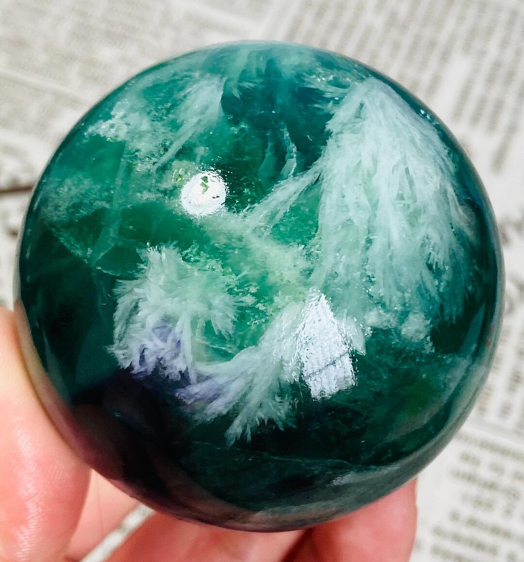 Beautiful 61mm Feather Snowflake Fluorite Sphere, One of a Kind Feather ...