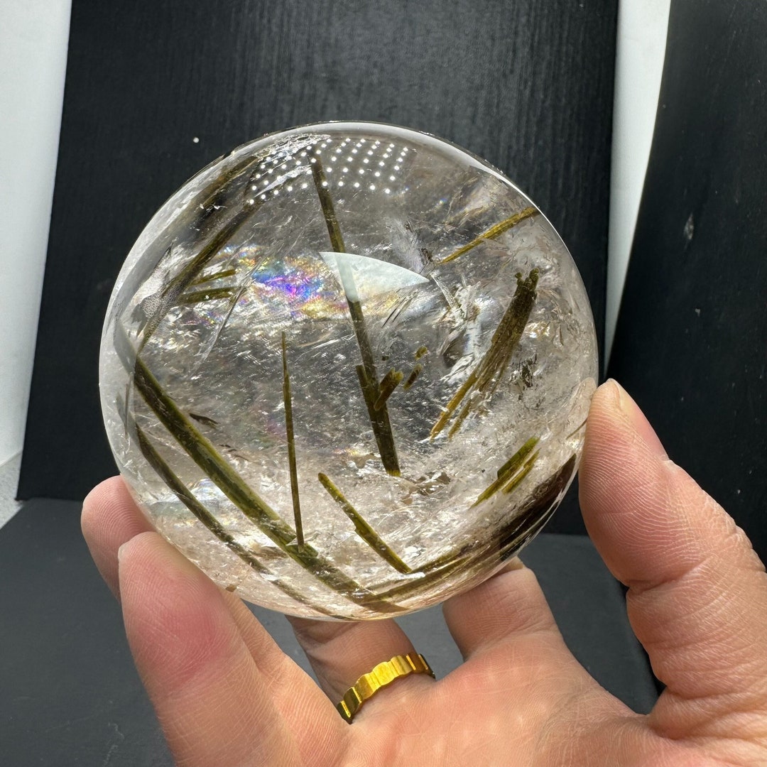 Beautiful 86mm Rainbow Green Rutilated Quartz Sphere, Large Green ...