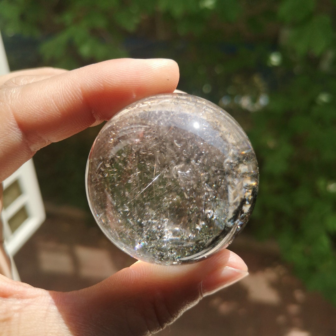 45.5mm Green Garden Quartz Sphere With Silver Rutilated Quartz, Garden ...