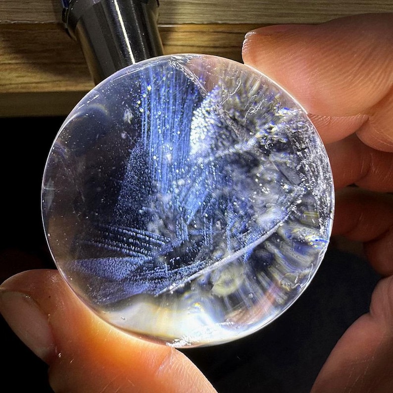 48mm Water Clear Quartz Crystal Sphere, Water Clear Blue Needle Clear ...