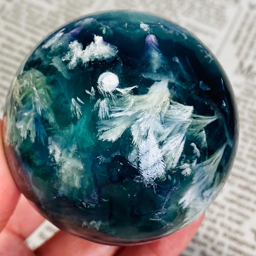 Beautiful 69mm Feather Snowflake Fluorite Sphere, One of a Kind Feather ...