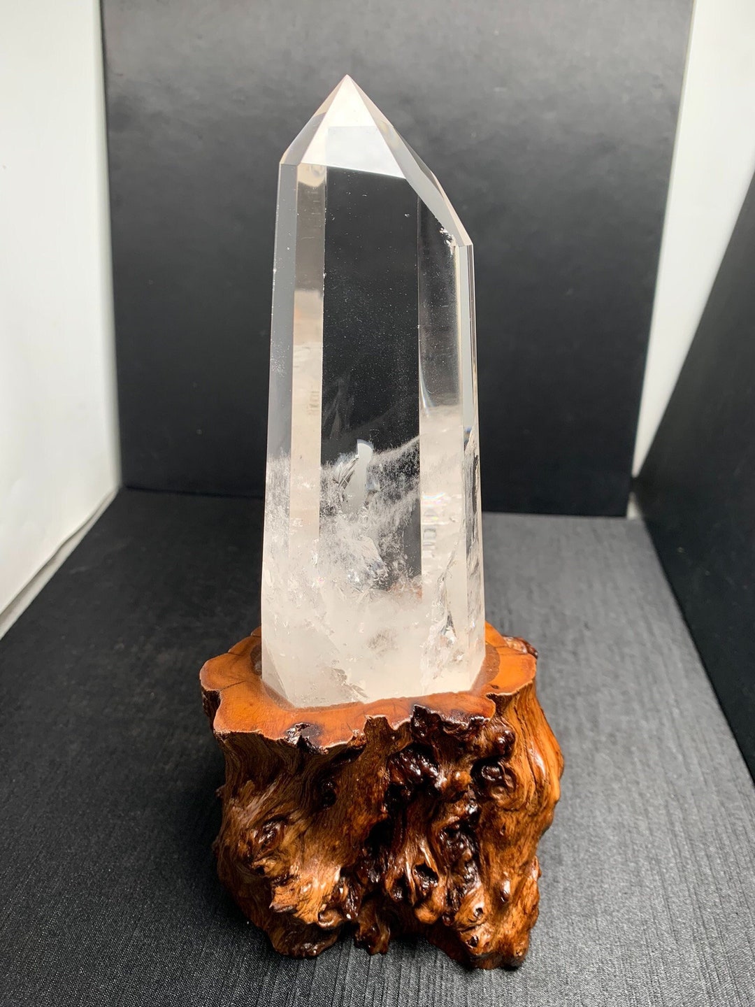 Beautiful Clear Quartz Point Tower, Clear Healing Crystals With Wood ...