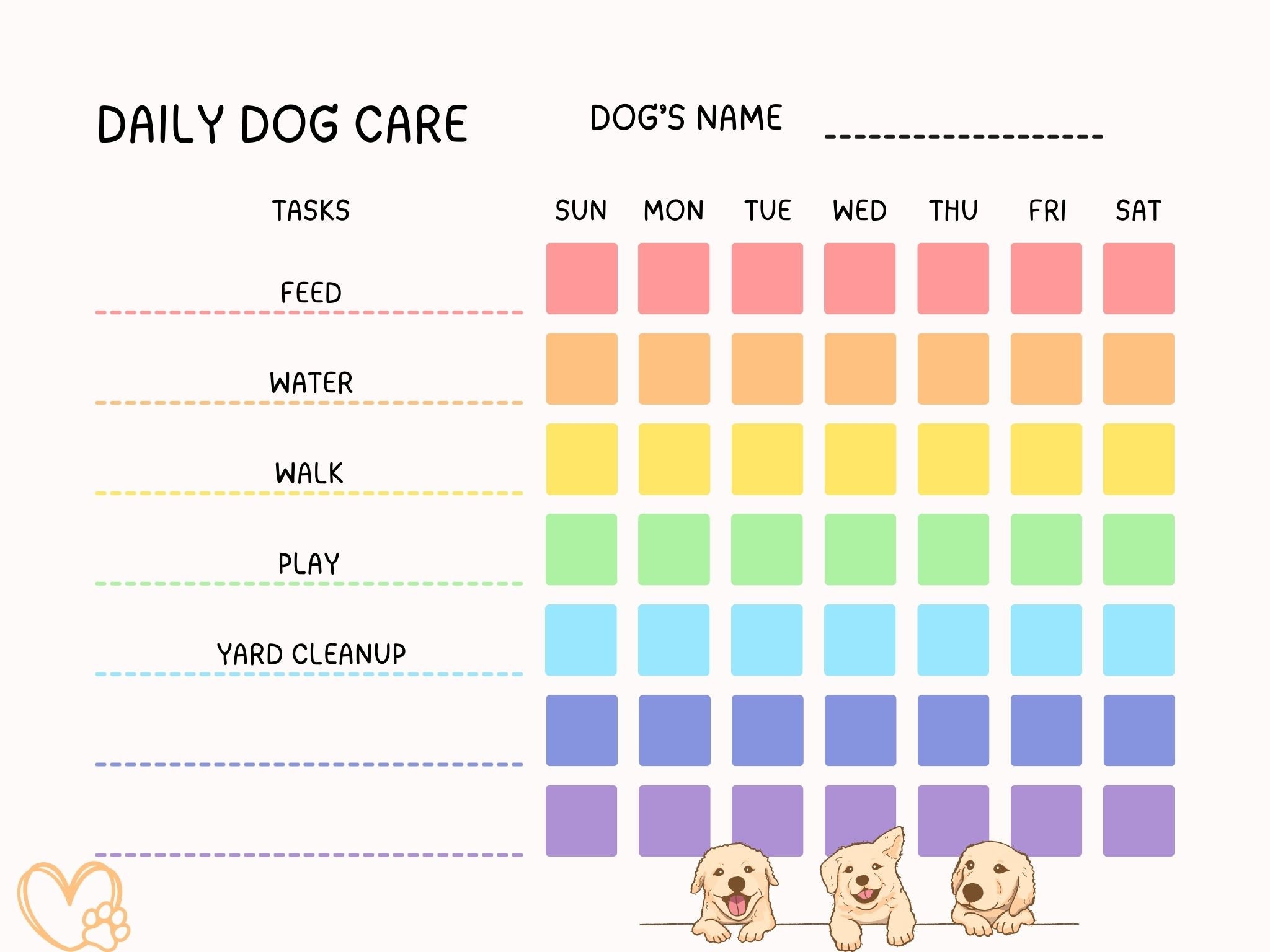 Daily Dog Care Chart for Puppy Care, Printable Chore Chart, Dog Care ...