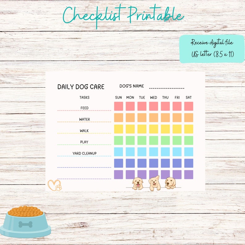 Daily Dog Care Chart for Puppy Care, Printable Chore Chart, Dog Care ...